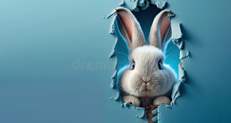 White Bunny Peeking Out of a Hole in a Blue Wall. Easter Rabbit Banner ...