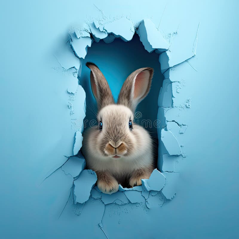 White Bunny Peeking Out of a Hole in a Blue Wall. Easter Rabbit Banner ...