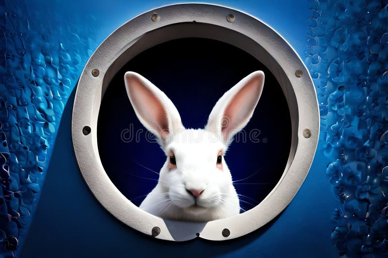 White Bunny Peeking Out of a Hole in a Blue Wall. Easter Rabbit Banner ...
