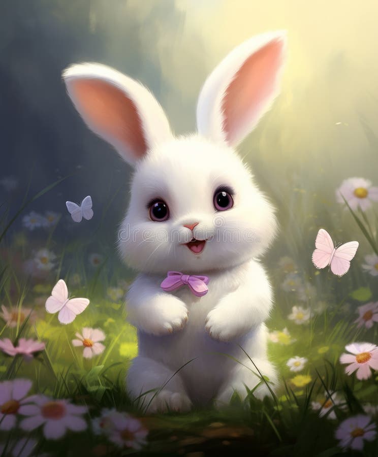 A White Bunny with Pink Ears and a Purple Bow Tie Surrounded by Flowers ...