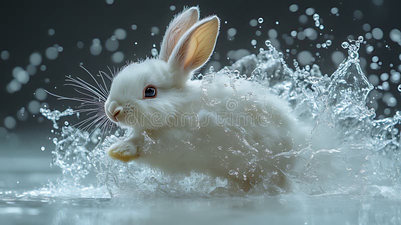 White Bunny Rabbit Leaping through Splashing Water Stock Illustration ...