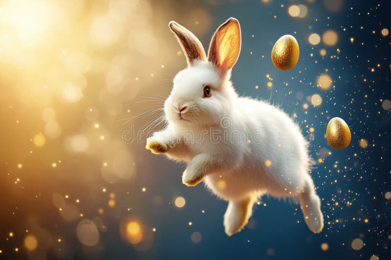 White Rabbit Leaping with Golden Eggs in Whimsical Festive Scene with ...