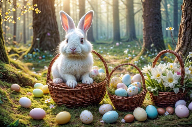 White Bunny Rabbit Sits in a Basket Surrounded by Three Baskets Filled ...