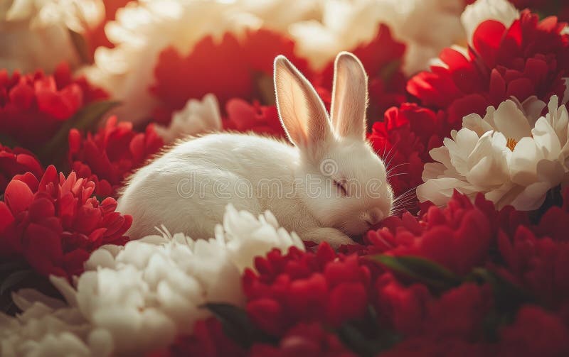 White Bunny Rabbit Sleeping in a Bed of Red and White Peonies Stock ...