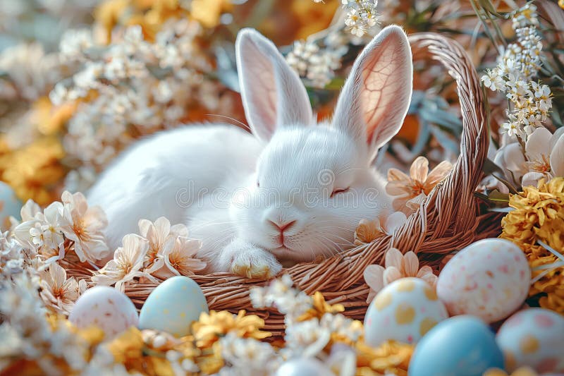 White Bunny Sleeping in a Basket WithEaster Eggs, Surrounded by Spring ...