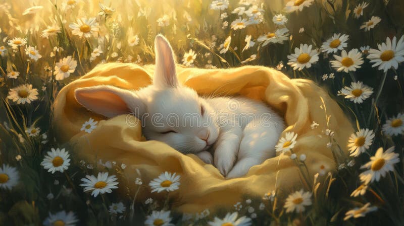 White Bunny Sleeping in Daisy Field Stock Illustration - Illustration ...