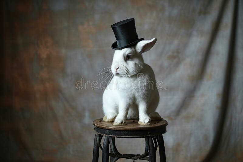 White Bunny with Top Hat Sitting on Stool, Surprised Expressions at ...