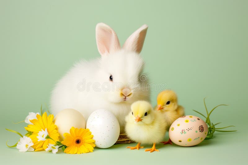 A White Bunny with Two Chicks and Easter Eggs Stock Image - Image of ...
