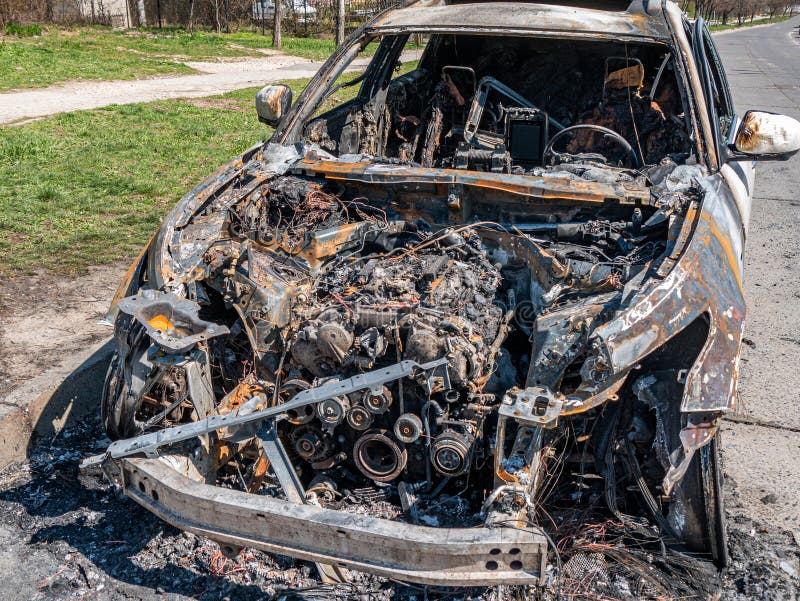 White Burned Car at the Edge of the Road Stock Image - Image of street ...