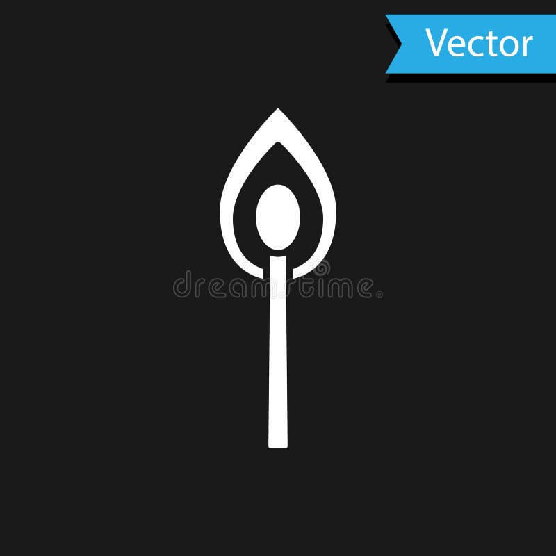 White Burning Match with Fire Icon Isolated on Black Background. Match ...