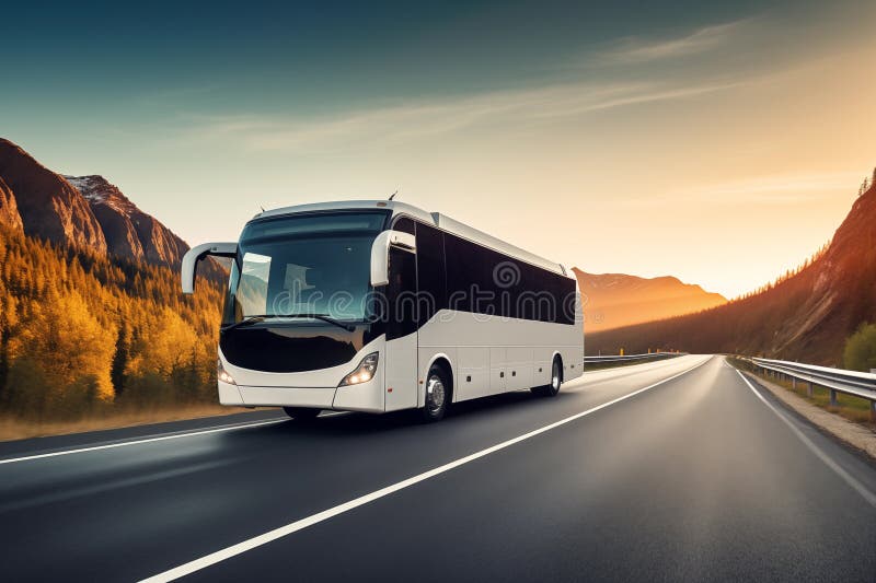 White Bus Cruising through Mountainous Landscape at Sunset Stock Photo ...