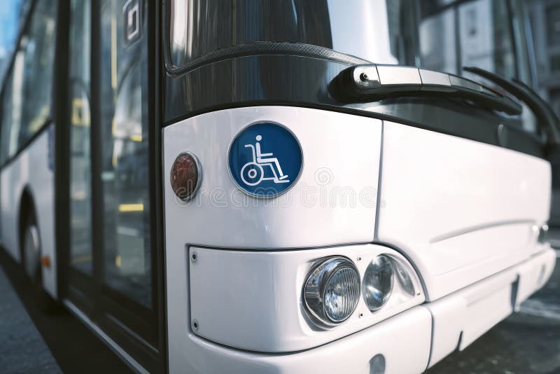 White Bus Designed for Accessibility Featuring Blue Decals and a ...