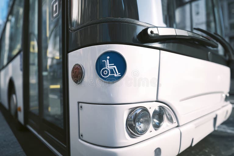 White Bus Designed for Accessibility Featuring Blue Decals and a ...