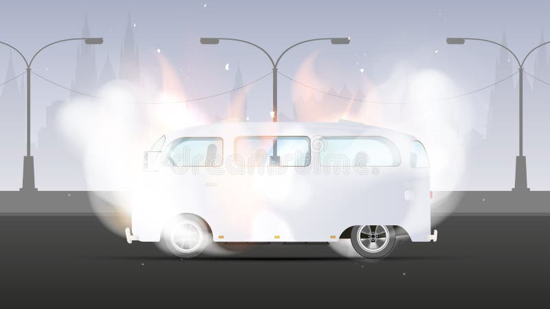 White Bus in Flames and Smoke. the Bus is on Fire. Vector Illustration ...