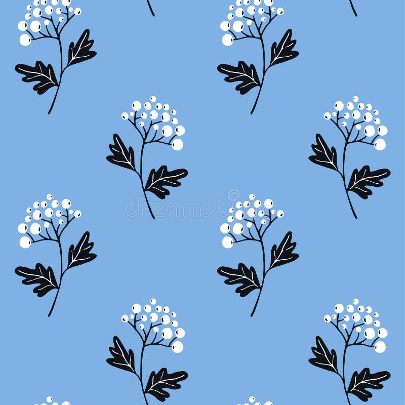 White Bush Berries Branch Seamless Pattern on Blue Background. Pastel ...