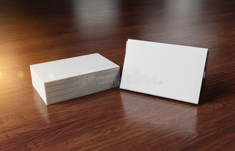White Business Card Stack on Wooden Desk 3D Rendering Stock ...