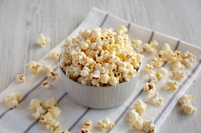 White Buttered Popcorn with Salt in a Bowl, Side View Stock Image ...