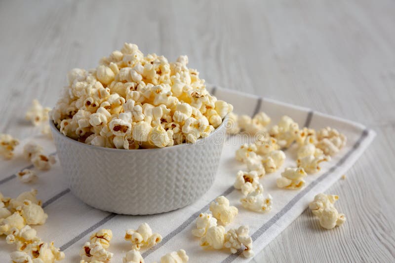 White Buttered Popcorn with Salt in a Bowl, Side View Stock Photo ...