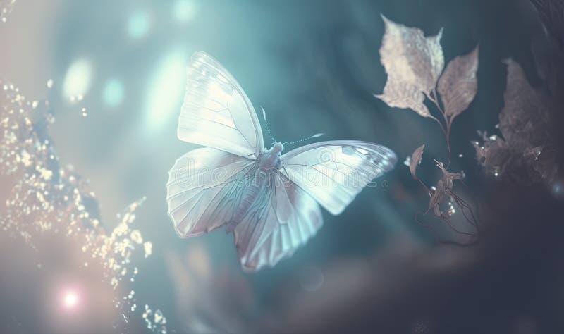 A White Butterfly Flying Over a Leaf Covered Ground with Water and ...
