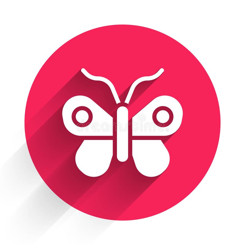 White Butterfly Icon Isolated with Long Shadow. Red Circle Button Stock ...