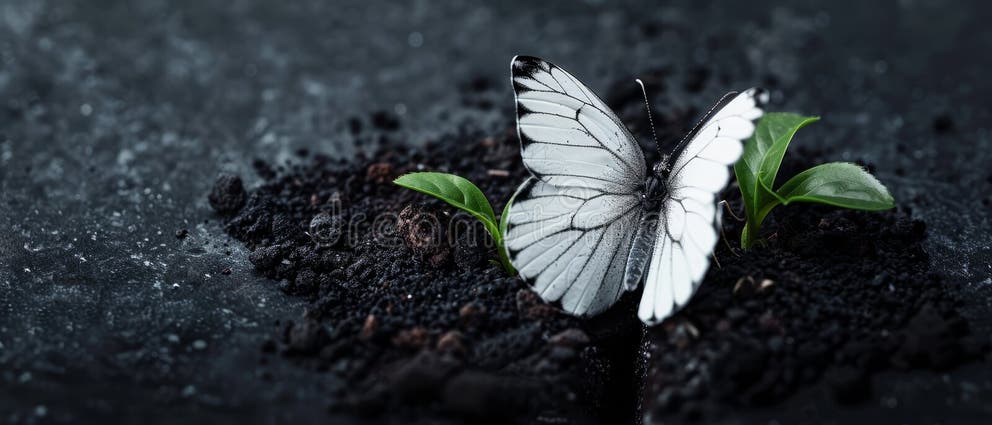 A White Butterfly Perched Atop a Mound of Soil, Sporting a Green Leaf ...