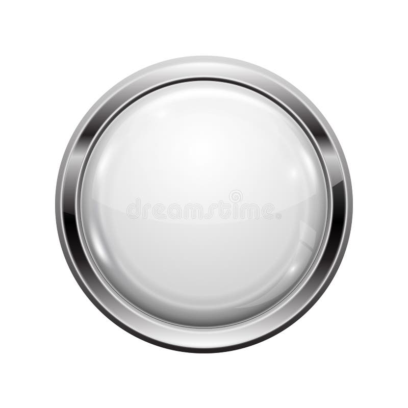 White Button with Chrome Frame. Round Glass Shiny 3d Icon on Gray ...