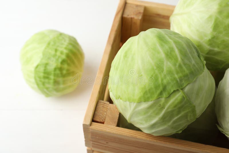 White Cabbage in Crate on Table, Closeup Stock Photo - Image of crop ...