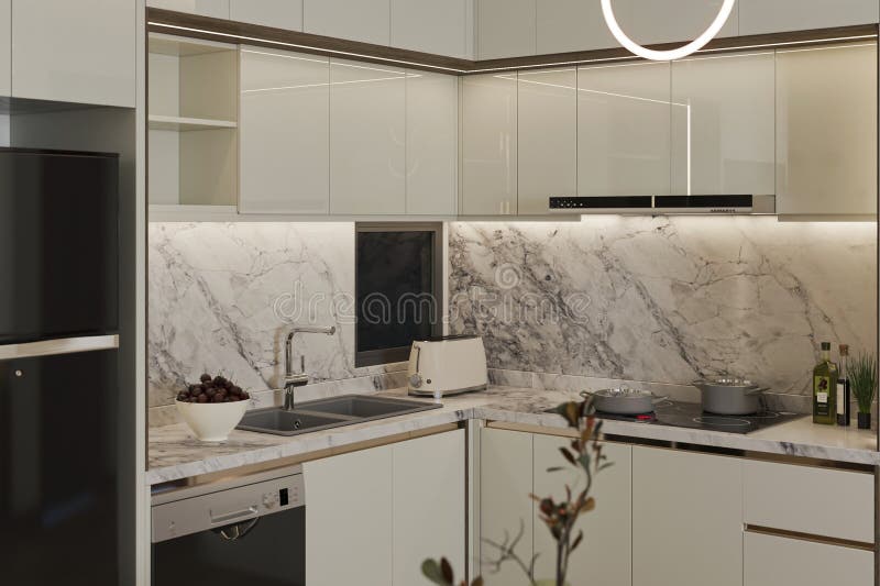 White Cabinet Placement into Stylish Kitchen, Crockery, Utensils ...