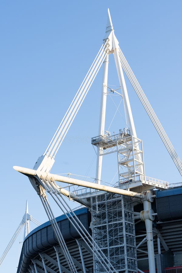 White Cable-stayed Truss Masts Reflected in Widow Behind at the Cardiff ...