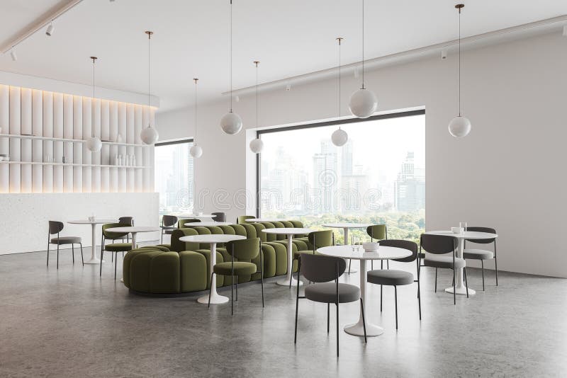 White Cafeteria Interior with Bar Counter and Dining Space, Panoramic ...