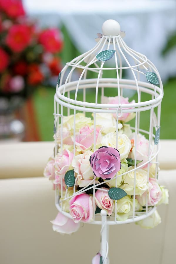 White Cage with Natural Roses Stock Photo - Image of flowers, floral ...