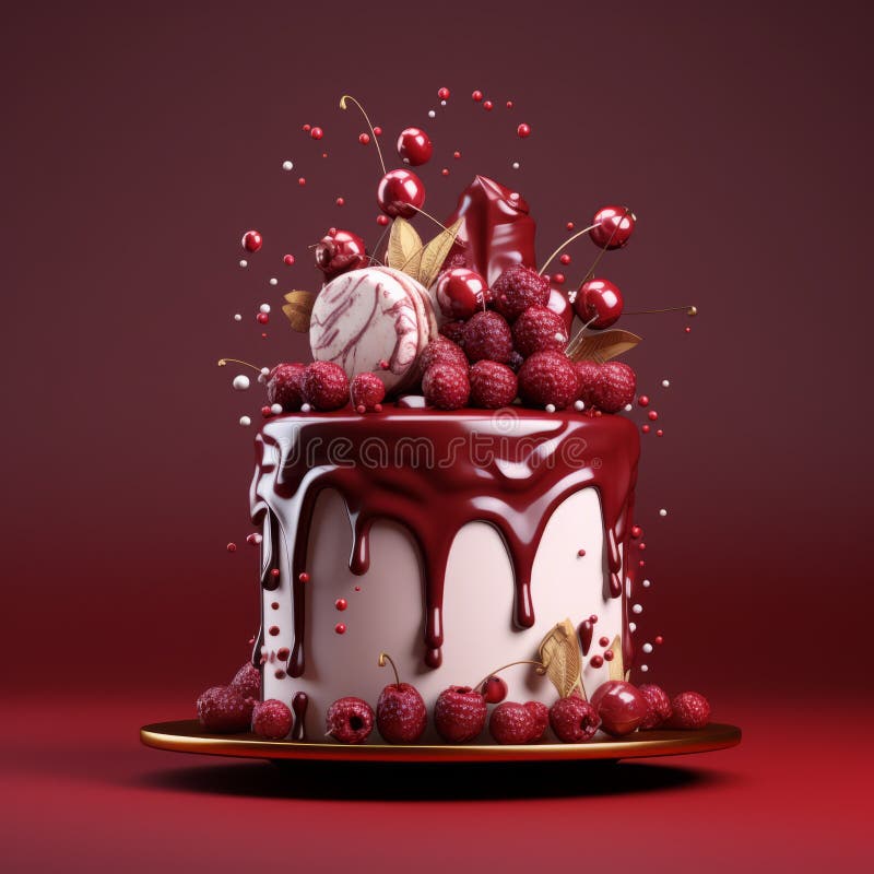 Maroon Cake with Zbrush Style Icing and Berries Stock Illustration ...