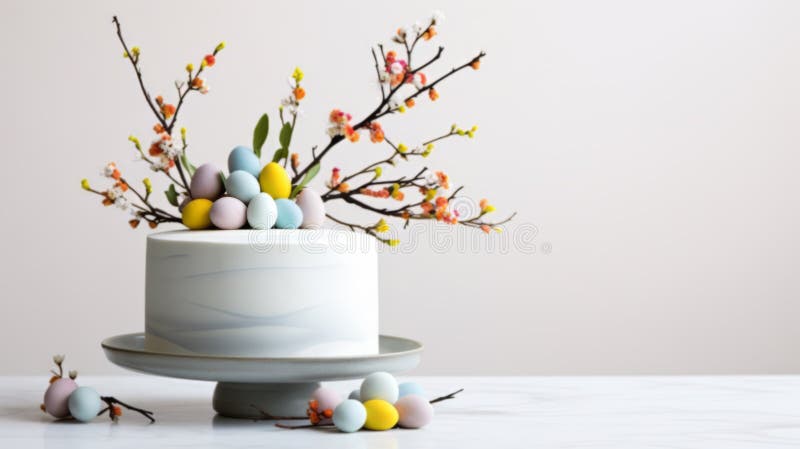 White Cake Decorated with Chocolate Easter Eggs and Spring Flowers ...