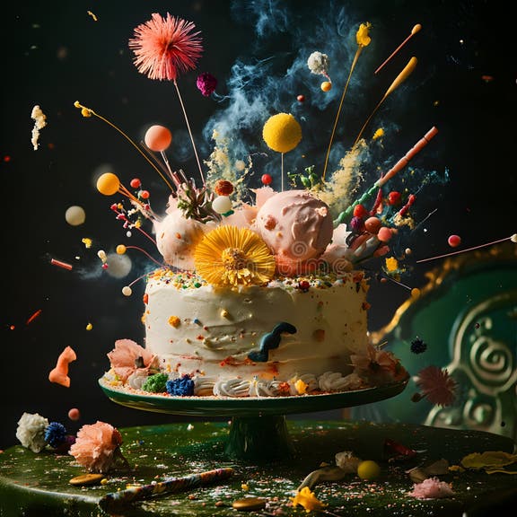 A White Cake Exploding with Colorful Decorations Stock Illustration ...