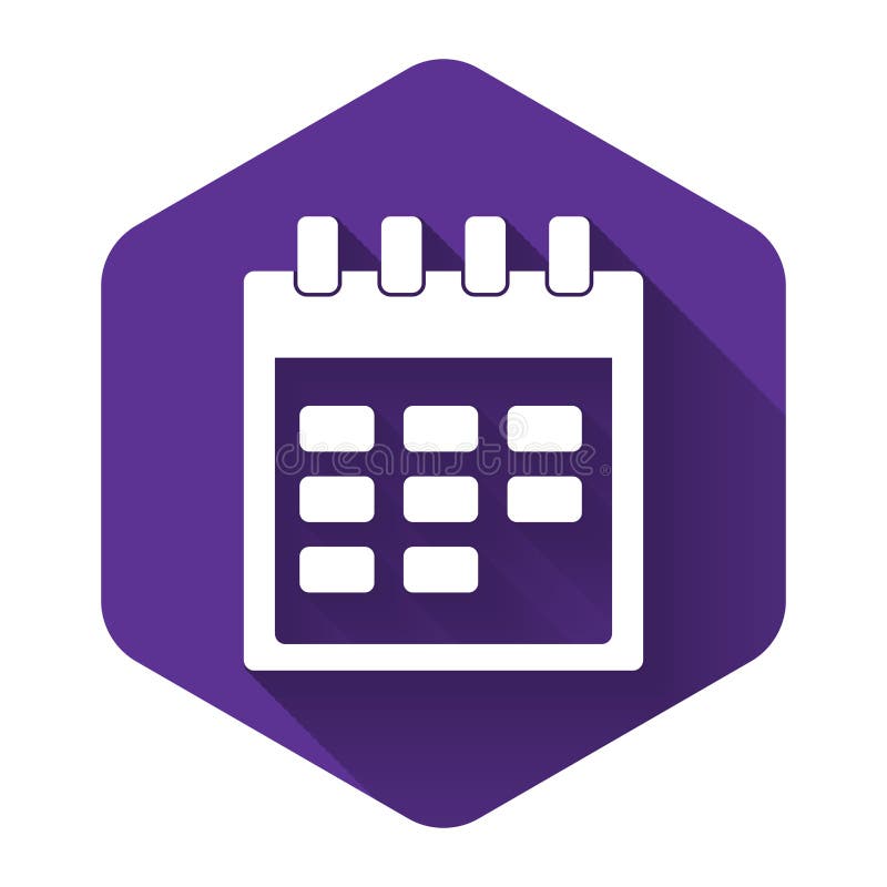 White Calendar Icon Isolated with Long Shadow. Purple Hexagon Button ...