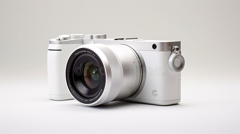 A White Camera with a Large Zoom Lens Sits in Front of a Grey ...