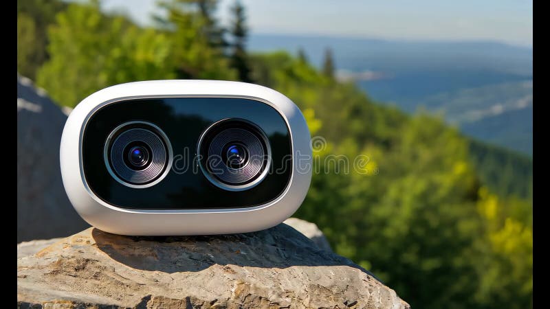 White Camera on Rock with Scenic View of Mountains and Forest ...