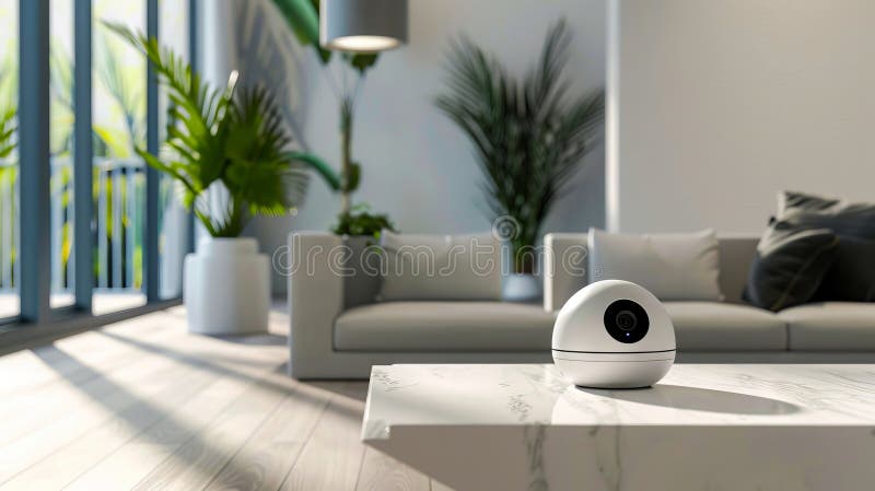 A White Camera Sits on a Table in a Living Room Stock Image - Image of ...