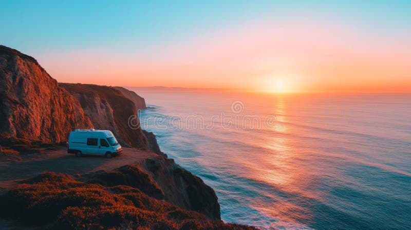 White Camper Van Parked on a Cliff Overlooking a Sunset Ocean Stock ...