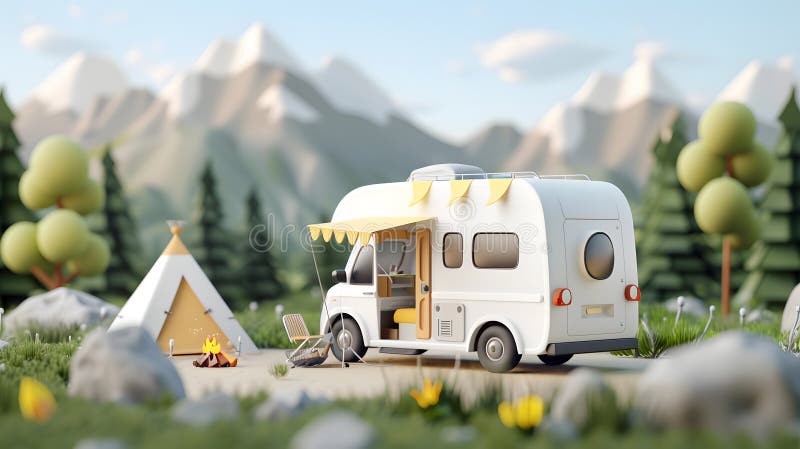 White Camper Van is Parked in Front of a Teepee Stock Illustration ...