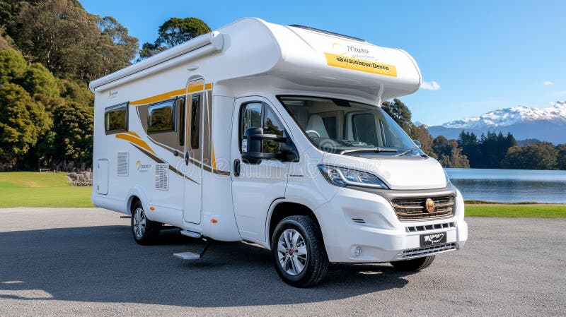 White Camper Van Parked by Scenic Lake and Mountain View Stock ...