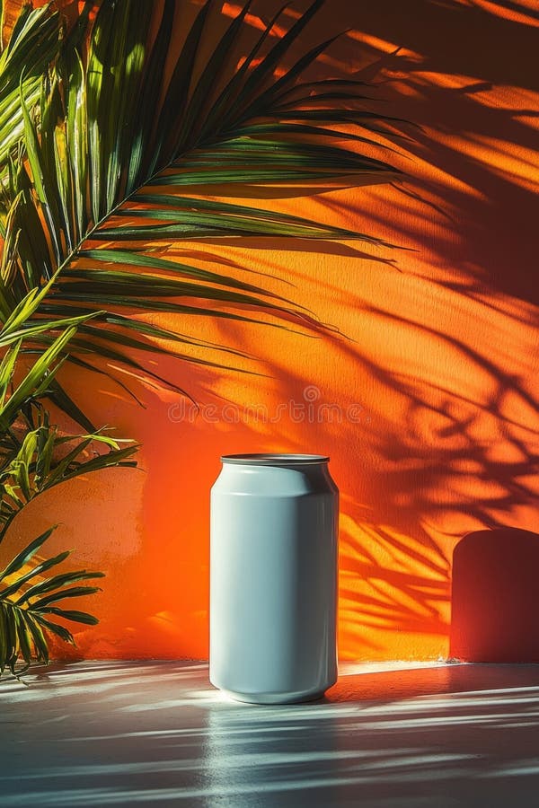 A White Can is Sitting on a Table in Front of a Plant Stock Image ...