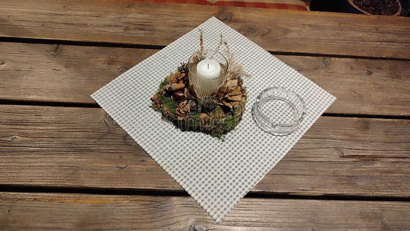White Candle Candlestick Ashtray Wooden Table Objects Stock Photo ...
