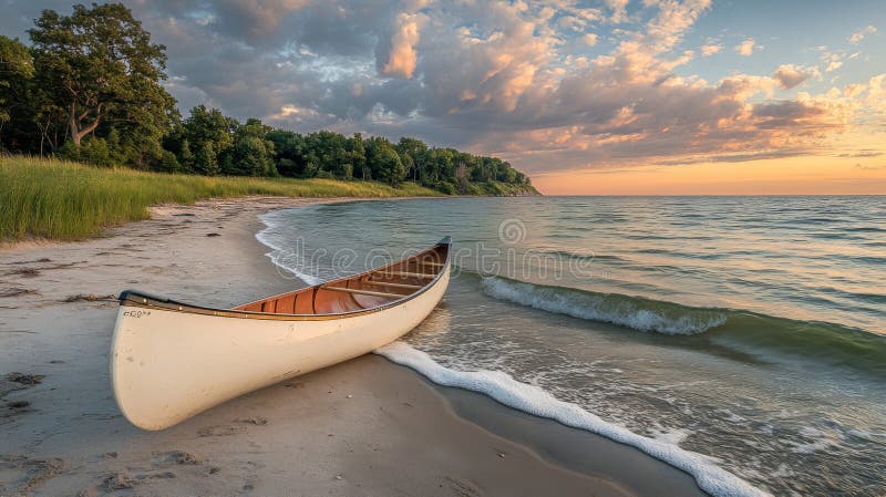 White Canoe on Sandy Beach at Sunset Stock Illustration - Illustration ...