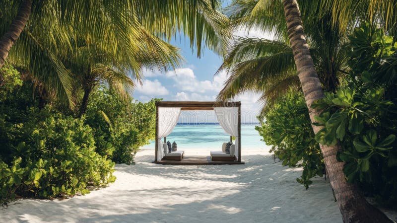 White Canopy Bed on Sandy Beach with Palm Trees Stock Illustration ...