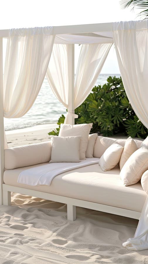 A White Canopy Bed Sits on a White Sand Beach. Behind it is a Turquoise ...