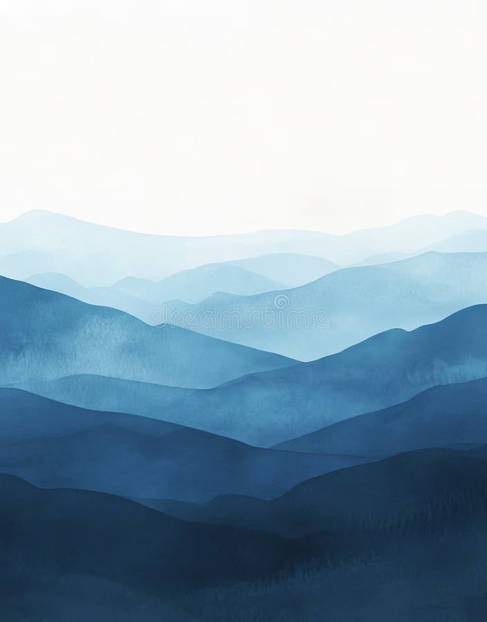 A White Canvas with an Abstract Watercolor Design of Wavy Mountains in ...