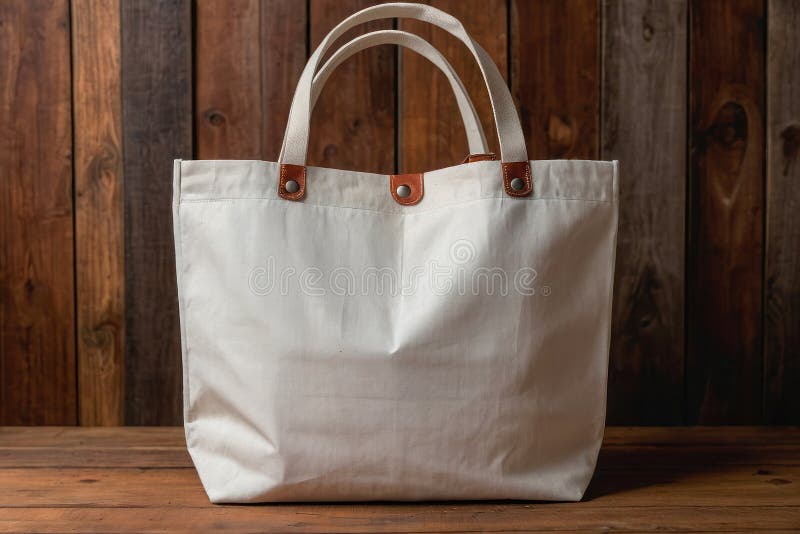 White Canvas Bag with Brown Handles Stands on a Wooden Surface. the Bag ...