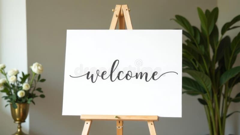 White Canvas on Easel with Welcome Sign Stock Image - Image of ...