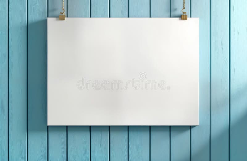 White Canvas Print Mockup Hanging on Light Blue Wooden Wall. Blank ...